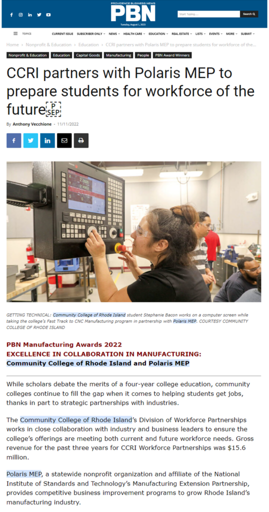 Providence Business News: CCRI Partners with Polaris MEP on ...